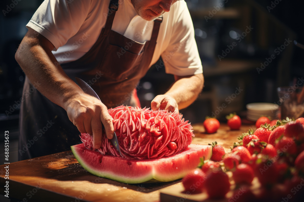 A chef creatively carving a watermelon into intricate shapes, turning a ...