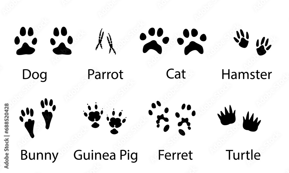 Vector set illustration of domestic animal , pets paw prints , black on ...