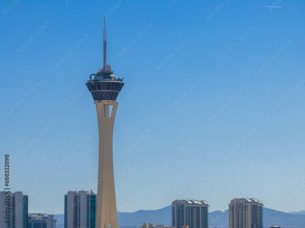 Elevated angle view of the modern Stratosphere Tower in Las Vegas ...