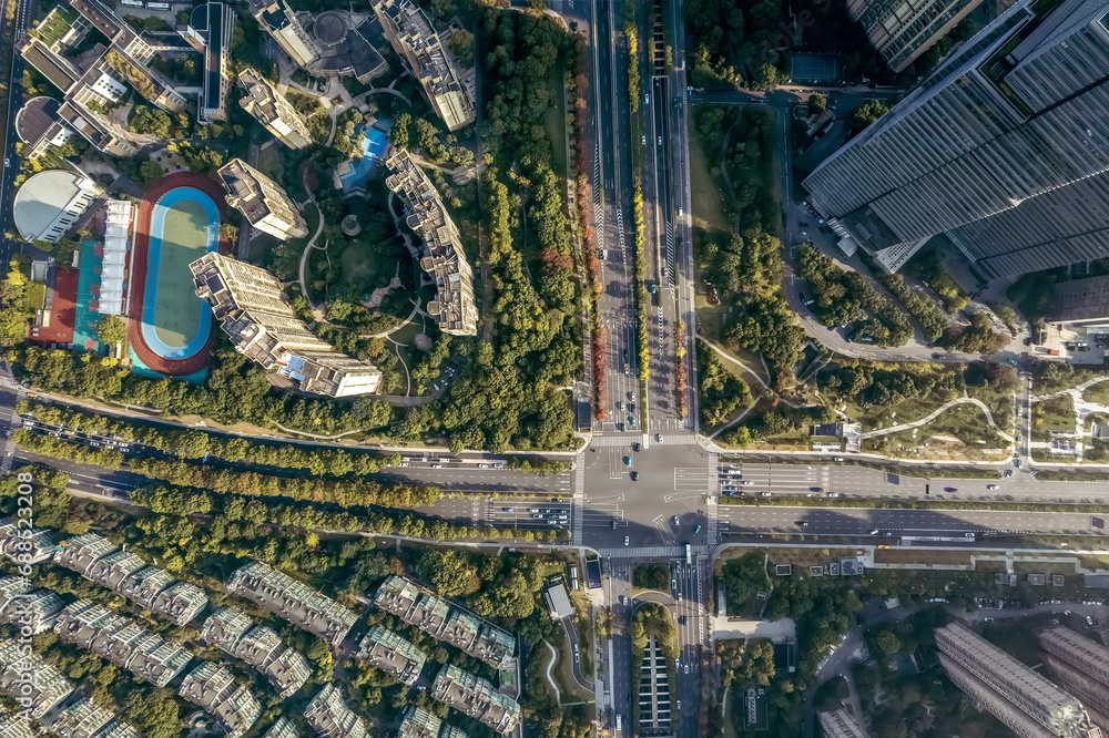 Aerial photography of street scenes at intersections of urban roads ...