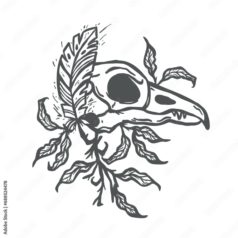 Vector Tattoo Design Raven Bird Skull, Leaves and Feather. The Day of ...
