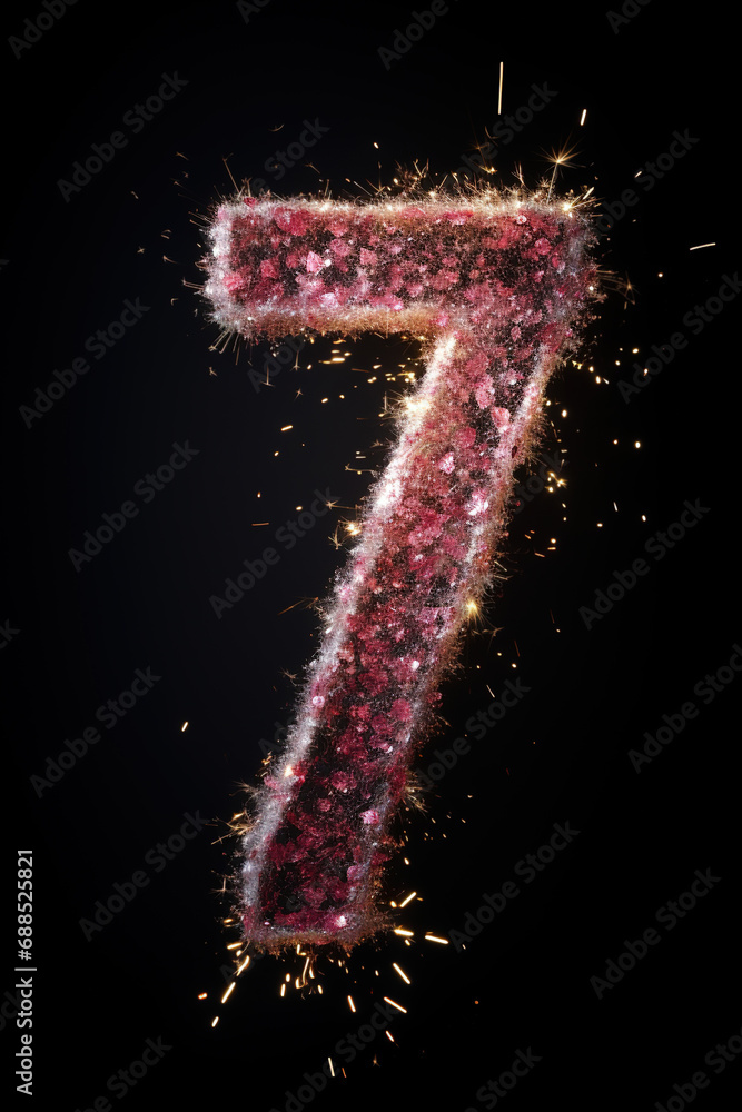 Pink sparkling number seven on black background. Symbol 7. Invitation ...