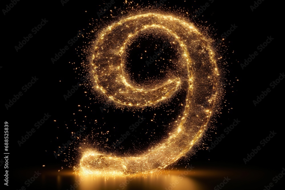 Golden sparkling number nine on black background. Symbol 9. Invitation ...