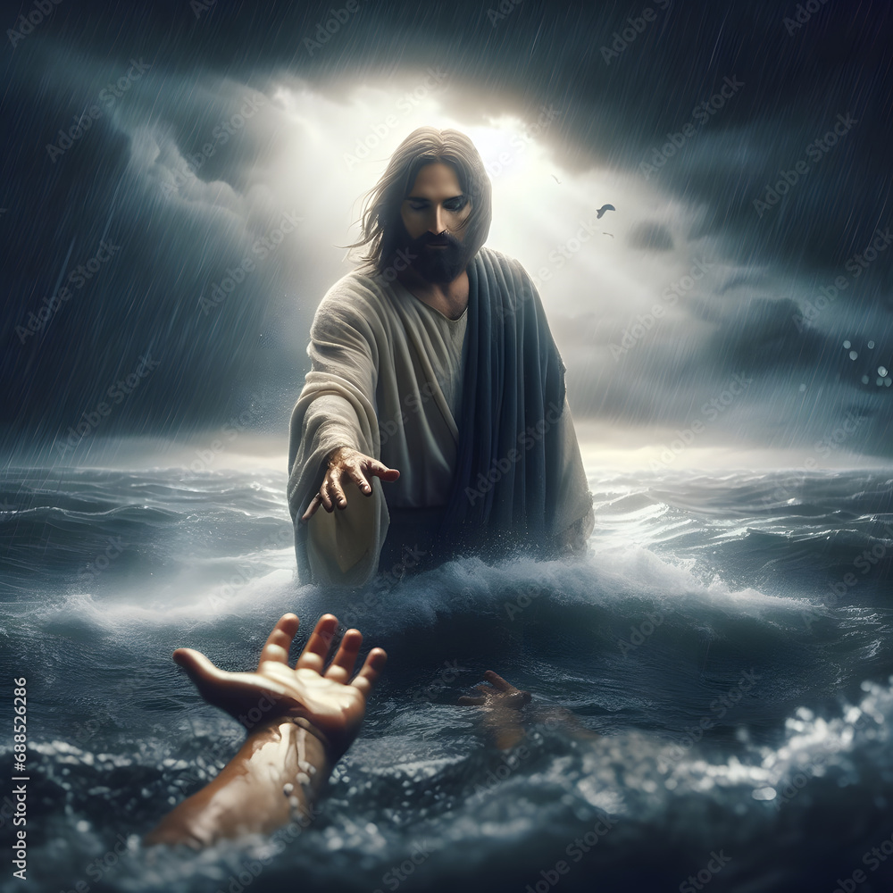 Jesus Christ giving a hand, concept of God's help to sinful humans ...