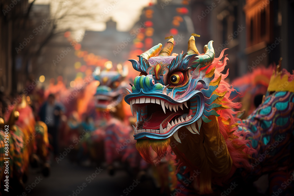 a traditional Chinese dragon dances the dragon dance at the Chinese New ...