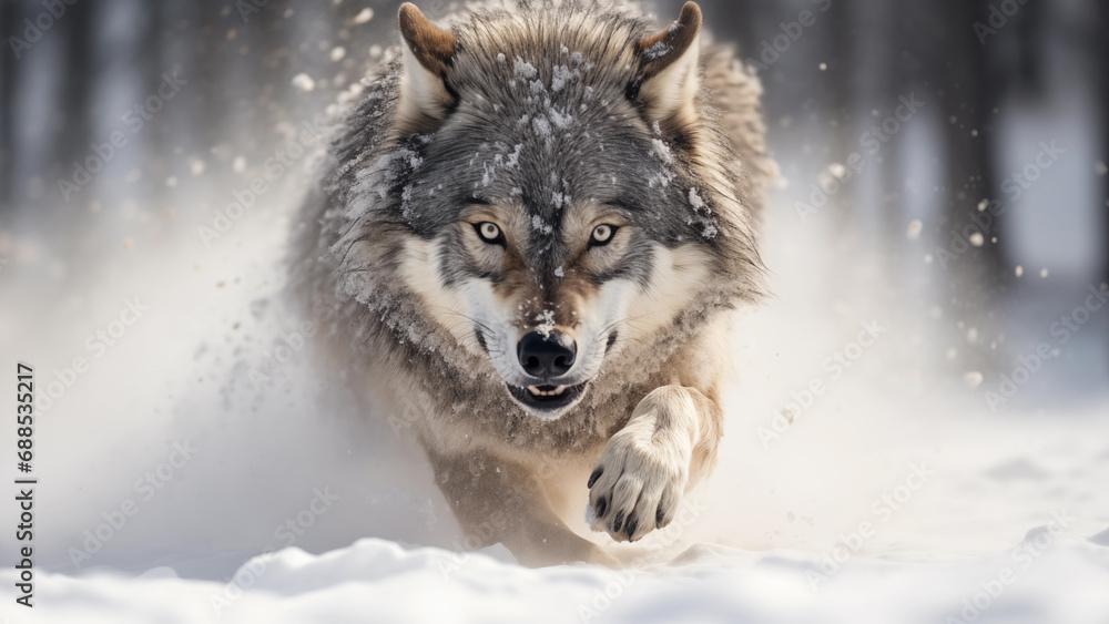 Arctic gray wolf lunging for its prey Stock Photo | Adobe Stock