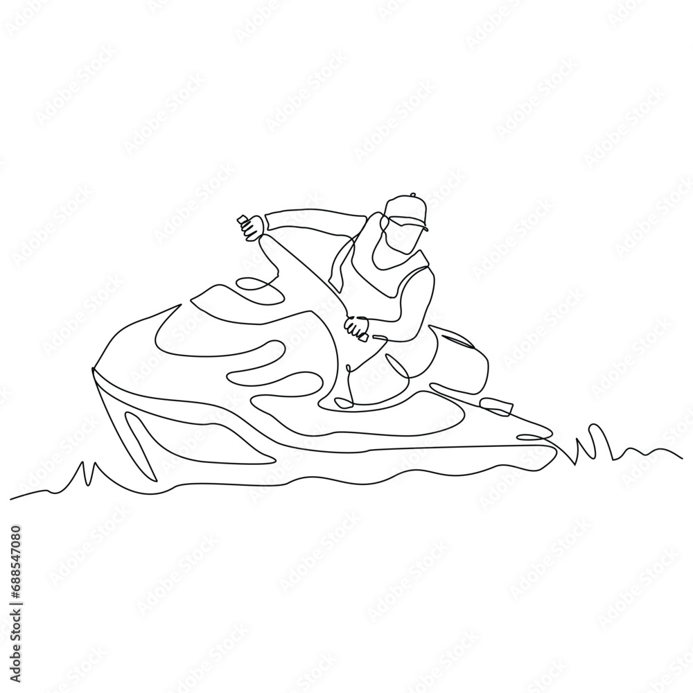 Continuous single line sketch drawing of man riding jet ski power boat ...