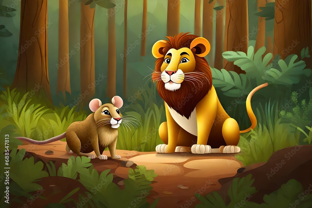 The Mouse and the Lion. Illustration from a folk story by Aesop. Vector ...