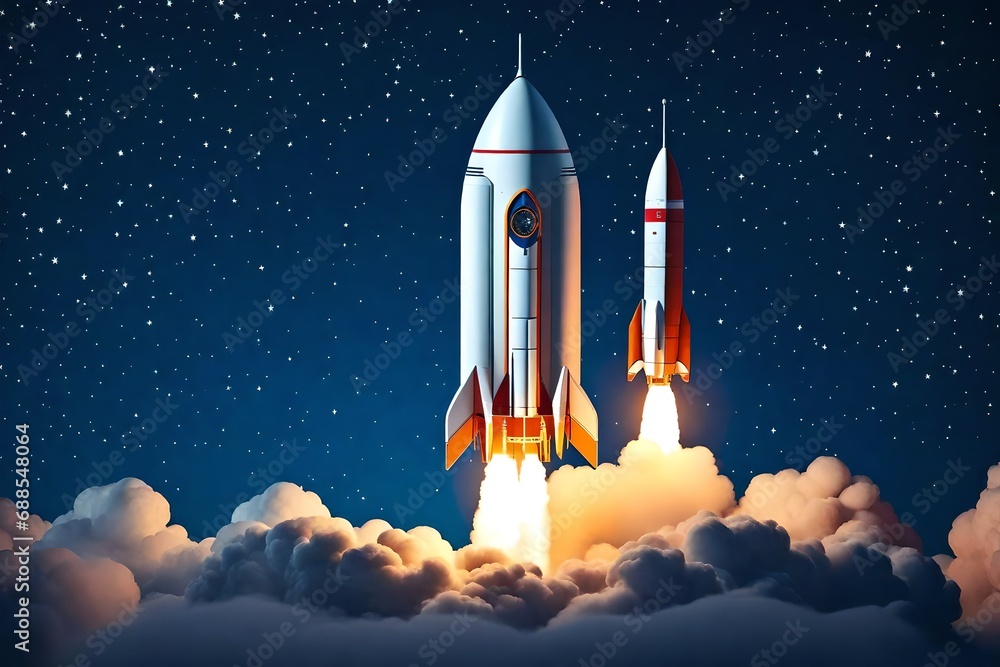 Rocket lifts off in the starry sky - Concept for space exploration ...