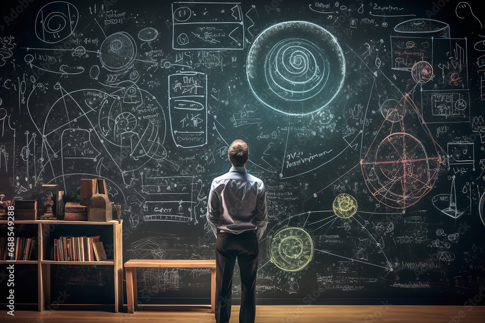 An image of a physicist deeply engrossed in solving a complex quantum ...