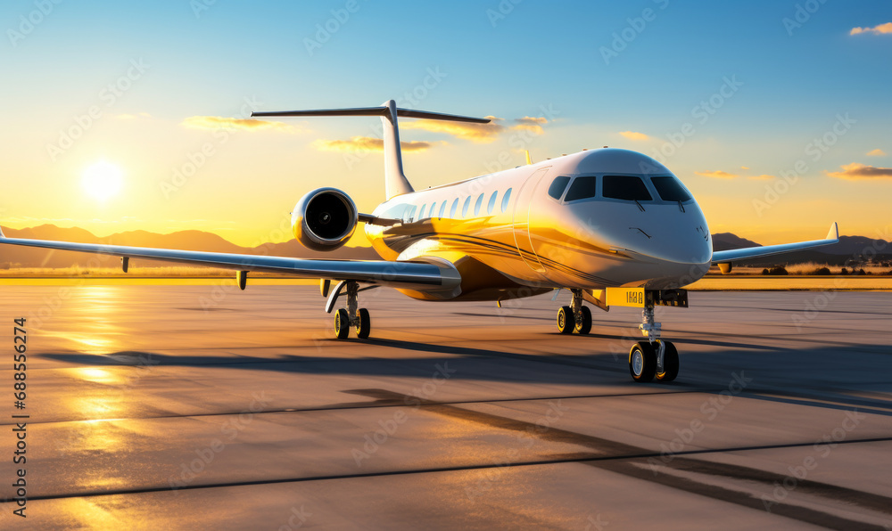 Luxurious private jet aircraft parked on airport runway bathed in the ...