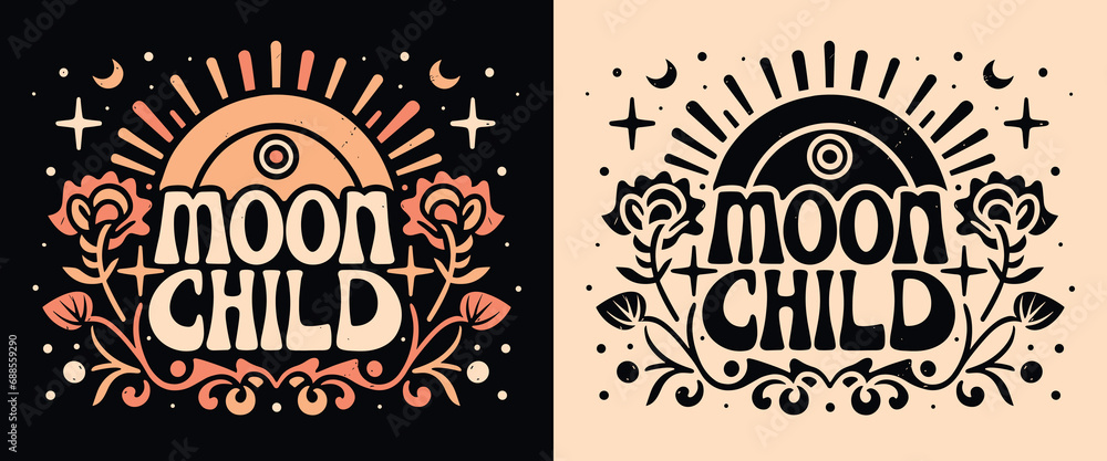 Moon child lettering groovy retro vintage style. Celestial symbols moon ...