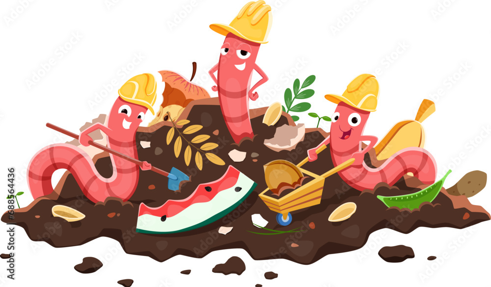 Cartoon earth worm builder characters in compost or soil humus of ...