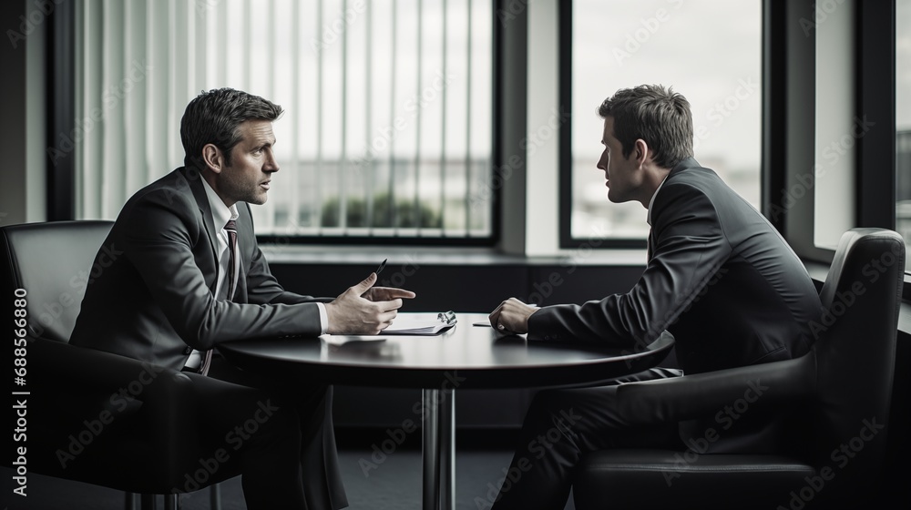 Visual portrayal of an interview setting where an interviewer and ...