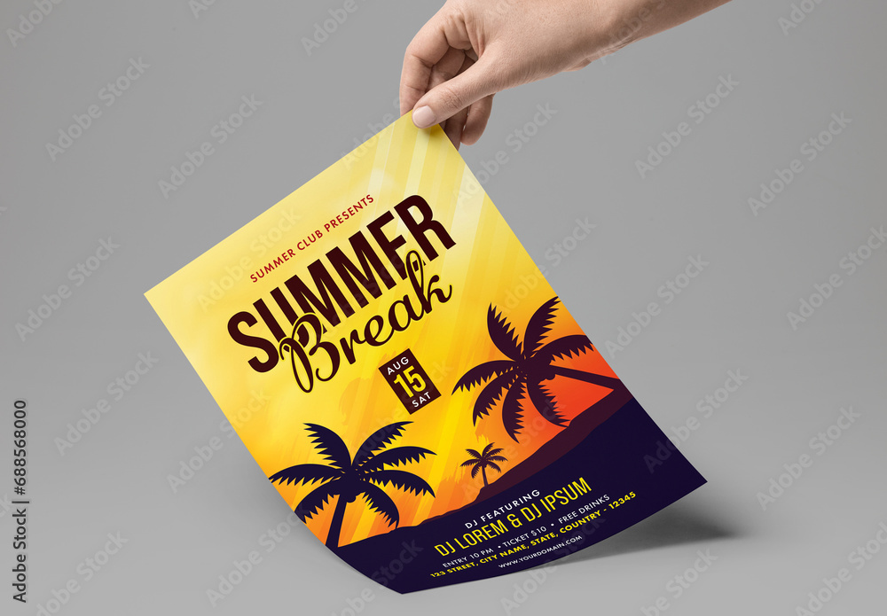 Summer Break Flyer Presenting with Coconut Trees and Event Details ...