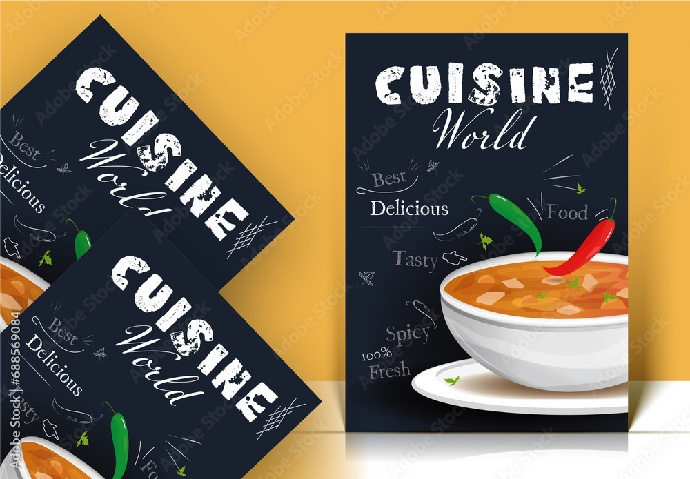 Creative Cuisine World or Recipe Book Cover Design with Spicy Soup ...