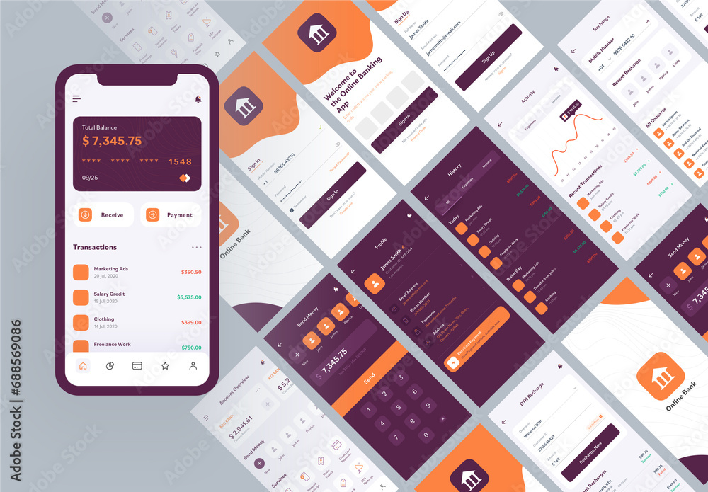 E-Banking App UI Kit For Responsive Mobile App or Website With Different Layout Including Sign ...