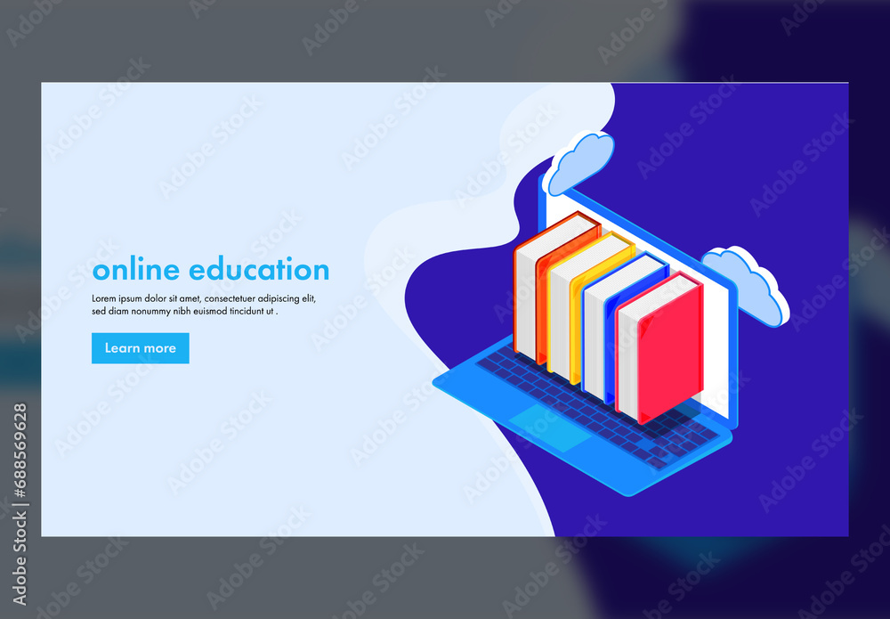Online Education Landing Page Design with Isometric E-Library in Laptop ...