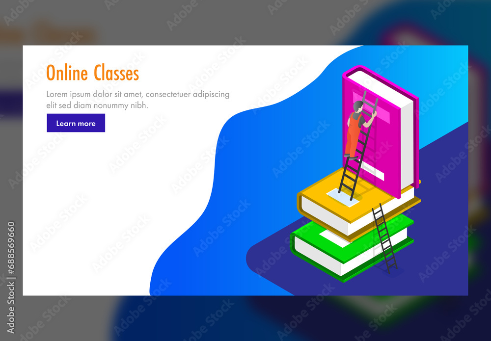 Online Classes Concept Based Landing Page with Young Boy Climbing Ladder on Isometric Books ...