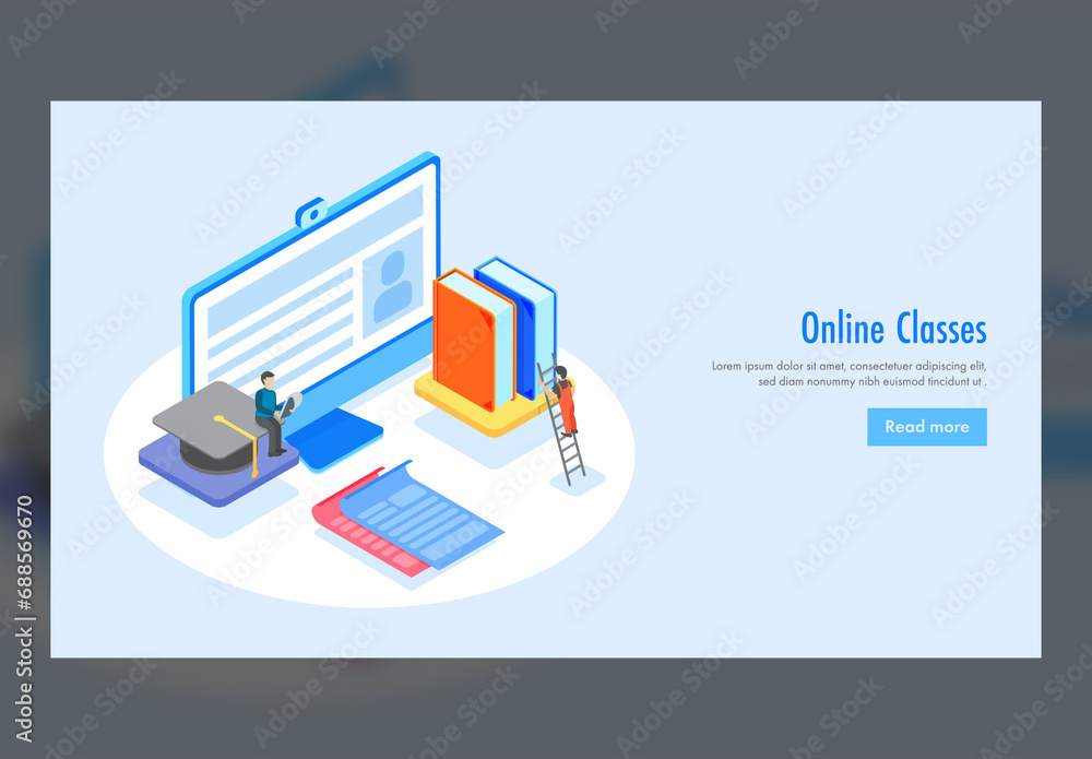 Online Classes Landing Page Design with Isometric Desktop, Books and ...