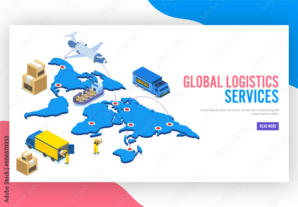 Global Logistics Services Based Landing Page with Showing Cargo Delivery Pointer on World Map ...