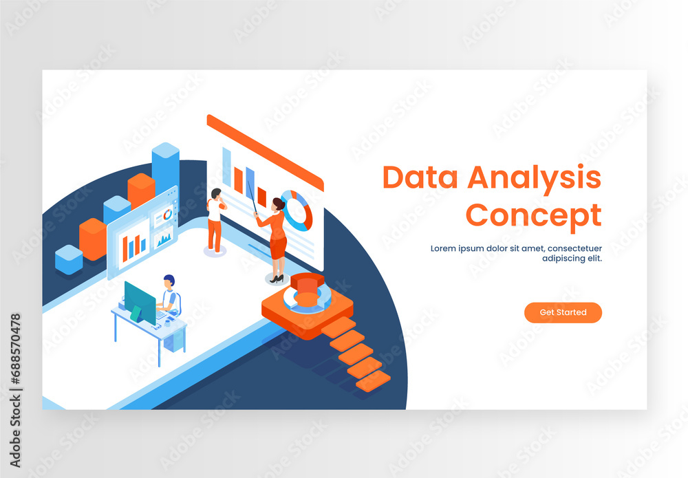 Data Analysis Concept Based Landing Page With Isometric Bar Graph, Business People or Analysts ...