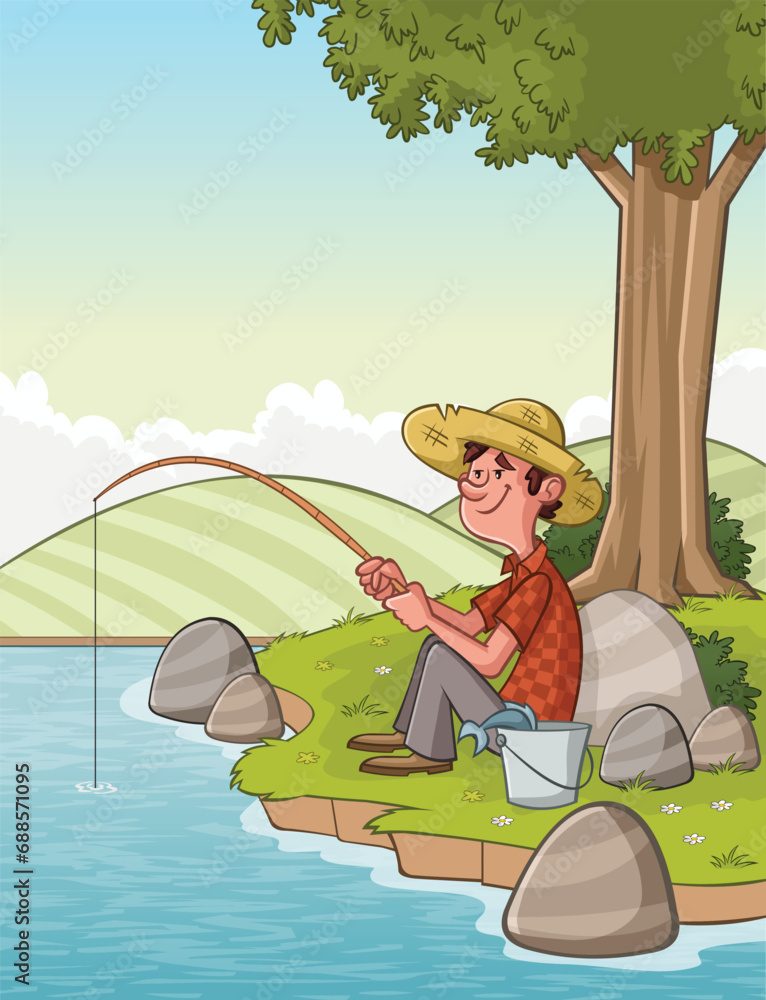 Cartoon man fishing on the lake. Man trying to catch fish in nature ...