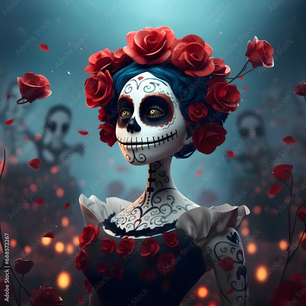 Monster, death, woman with sewn mouth decorated with roses on dark gray ...