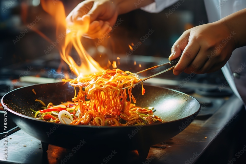 Foto de Chef hands keep wok with fire. Closeup chef hands cook food ...