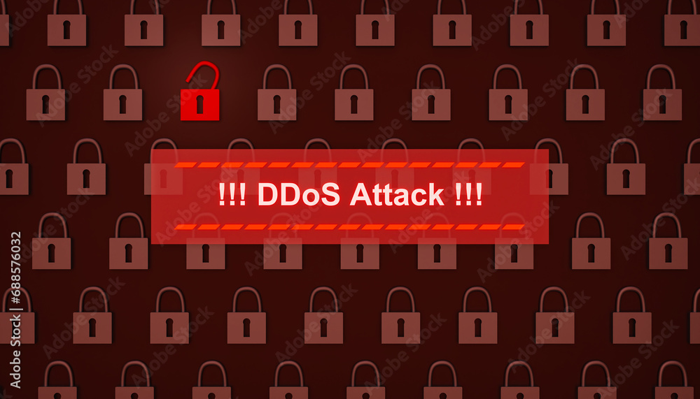 DDoS attack, warning sign on screen. Cyber crime, hacking, threat, network security, computer ...