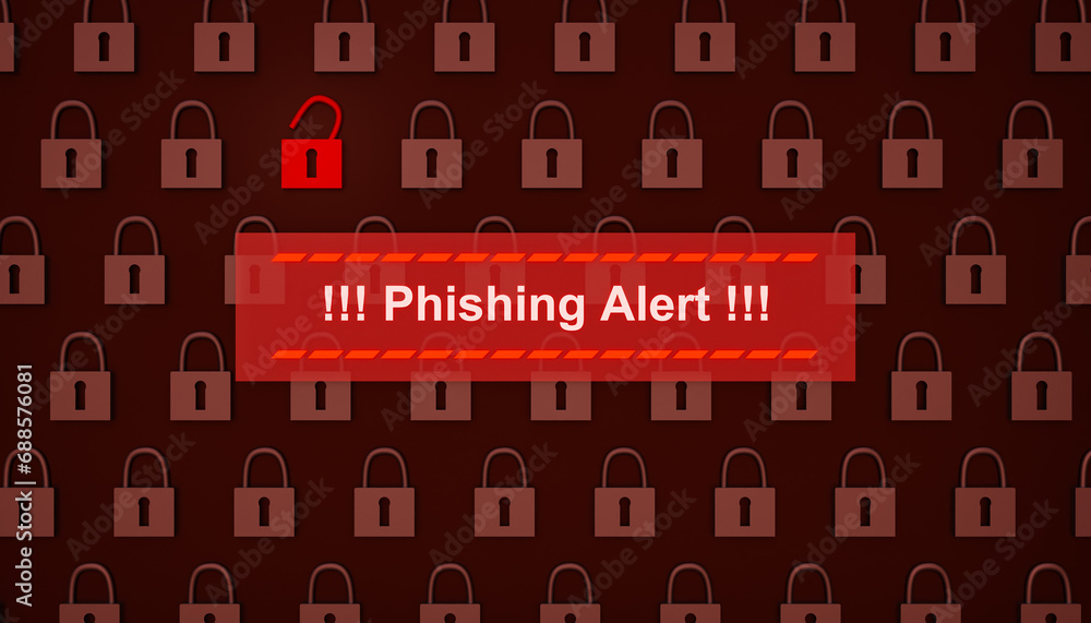 Phishing alert, warning sign on screen. Cyber crime, hacking, threat ...