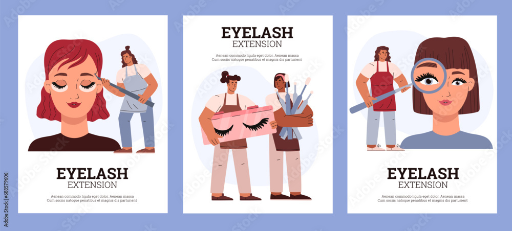 Eyelash extension advertising posters set, flat vector illustration ...
