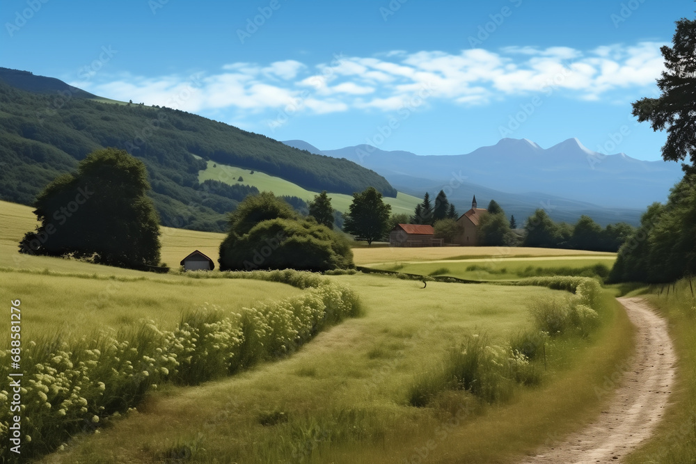 Paysage de campagne vosgienne avec champs, prairies et massifs à l ...