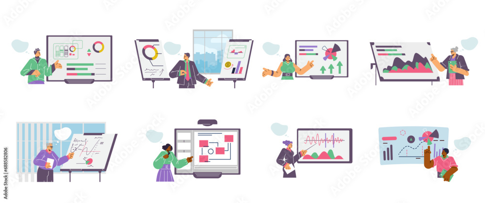 People presenting, explaining screen statistics charts diagrams ...