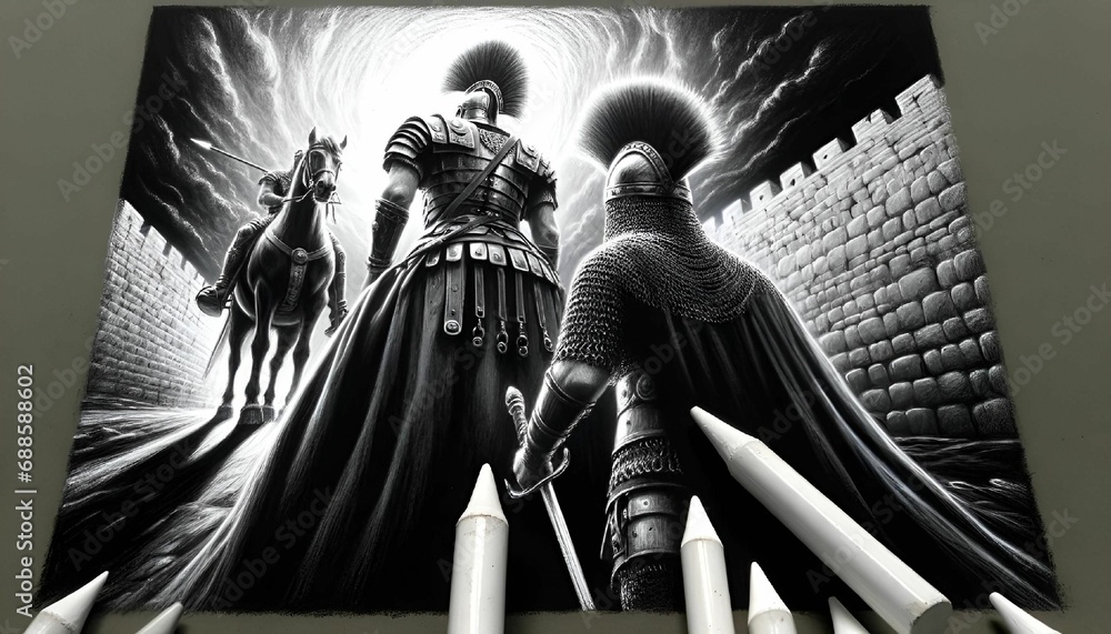 AI generated illustration of a pencil drawing of warriors posed in a ...