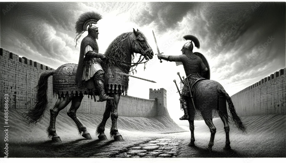 AI generated illustration of a pencil drawing of warriors posed in a ...