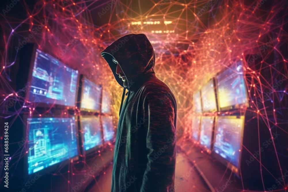 Hacker inside a fragmented digital room. Software cyber coder in hidden ...