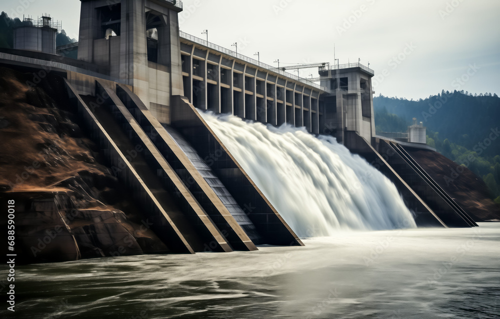 Dynamic spillway flow at hydroelectric dam with forest backdrop Stock ...
