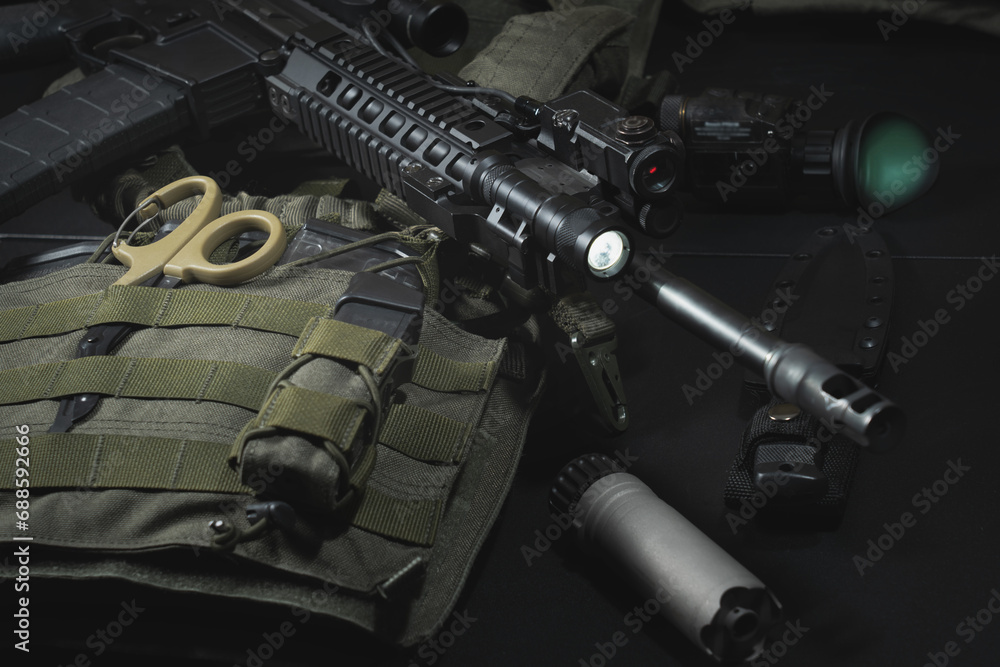 Tactical equipment, plate carrier, assault rifle with tactical ...