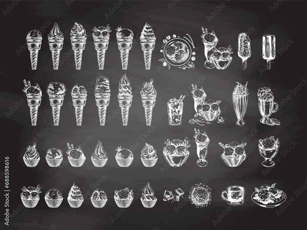 Big hand-drawn sketch of ice cream or frozen yoghurt in waffle cups and ...
