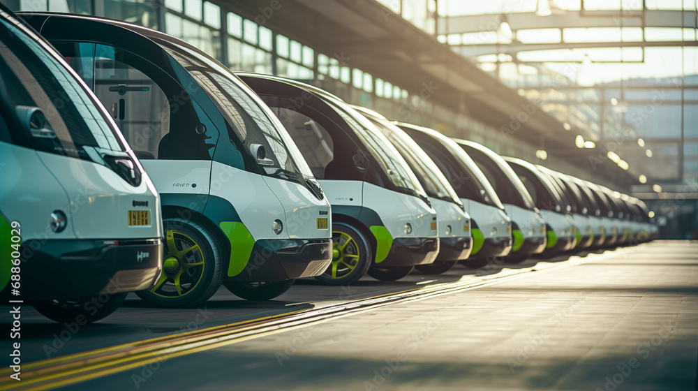 Self-Driving Electric Mini Mobility Vehicles Awaiting Passengers at an ...