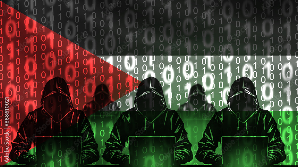 Silhouettes hackers with flag Palestine. People in hoods are sitting at ...