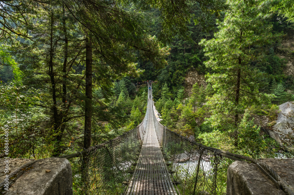 View from the suspension bridge over Dudh Koshi River during trekking ...