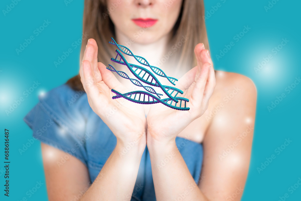 Genetic chains in hands woman. Girl with DNA threads. Concept caring ...