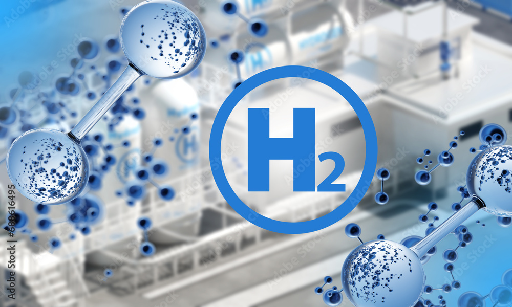 Hydrogen molecules. H2 logo. Hydrogen energy. Industrial building with ...