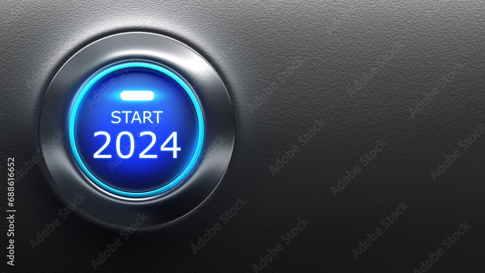 Start 2024. Round button to start new year. 2024 business background ...