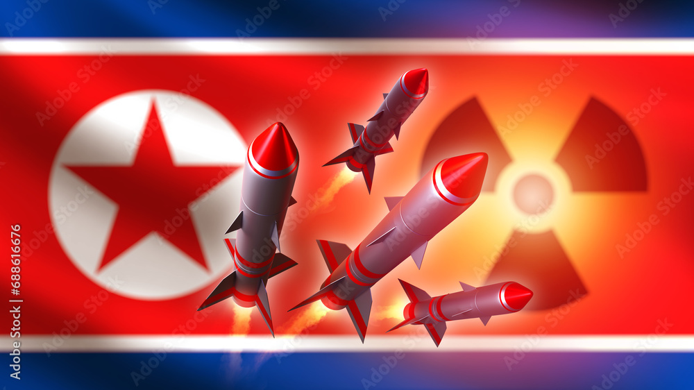 North Korea flag with rockets. Ballistic missiles for military ...