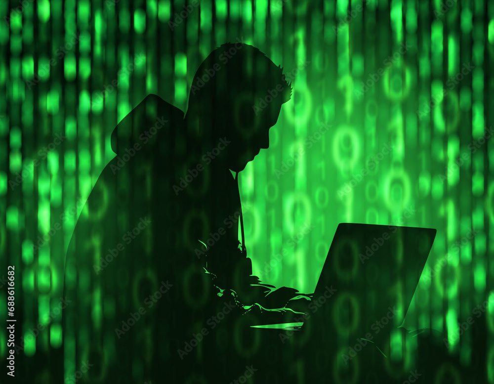Man Programmer Hacker Silhouette Guy With Laptop And Binary Code Background With Programmer