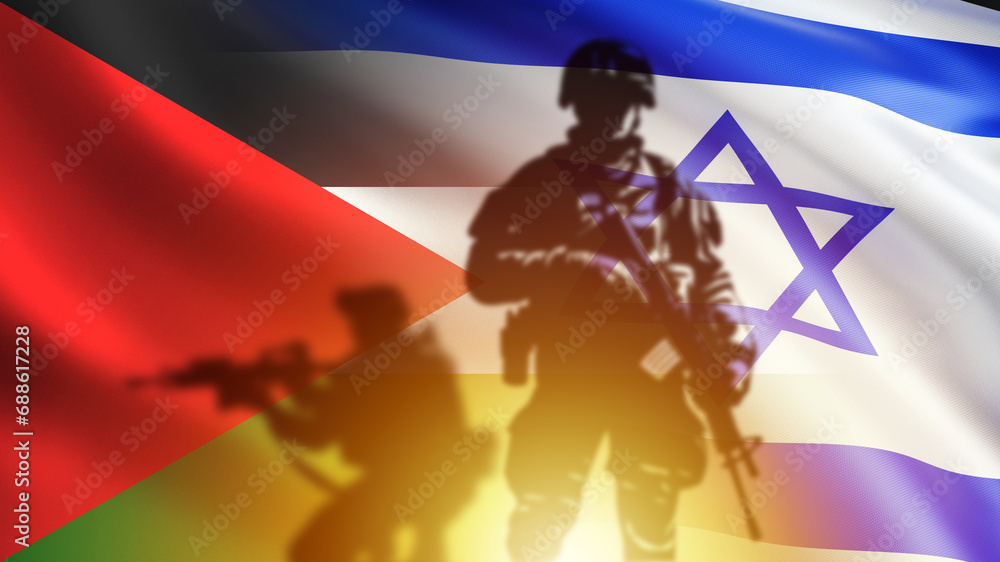 Soldier from Israel and Palestine. Silhouettes of warriors near ...