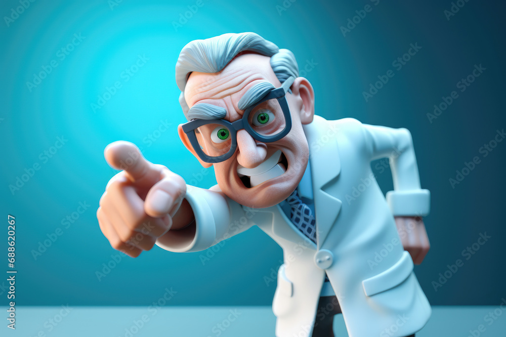 Animated doctor with an intense expression, pointing a finger, on a ...
